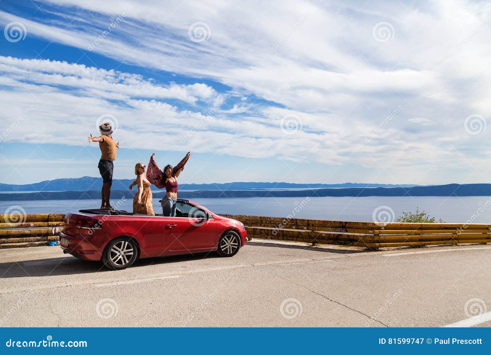 Group of Happy People in Red Convertible Car Stock Image - Image of ...