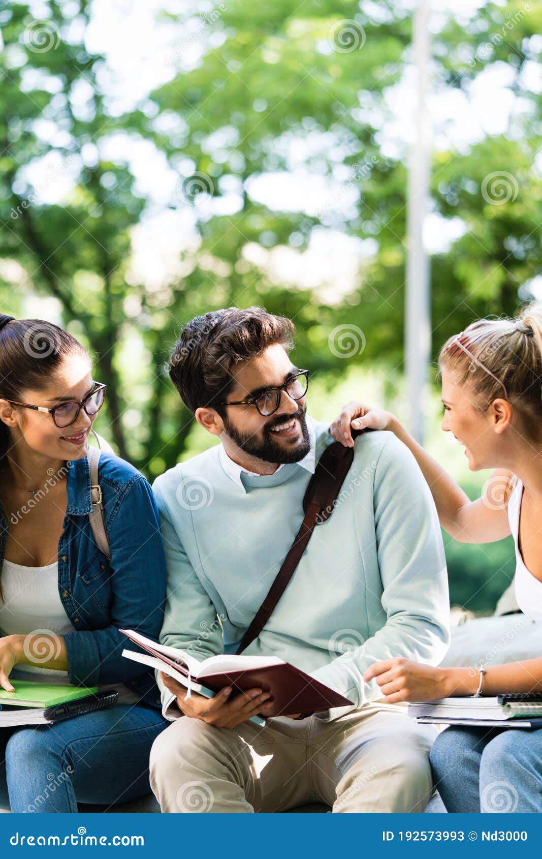 Group of Happy Students Studying, Preparing Together for Exam Ourdoor ...