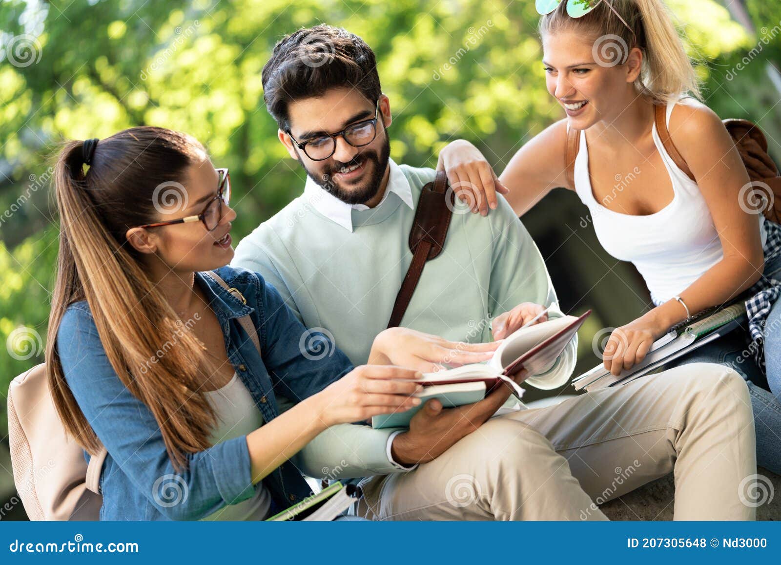 Group of Happy Students Studying, Preparing Together for Exam Ourdoor ...