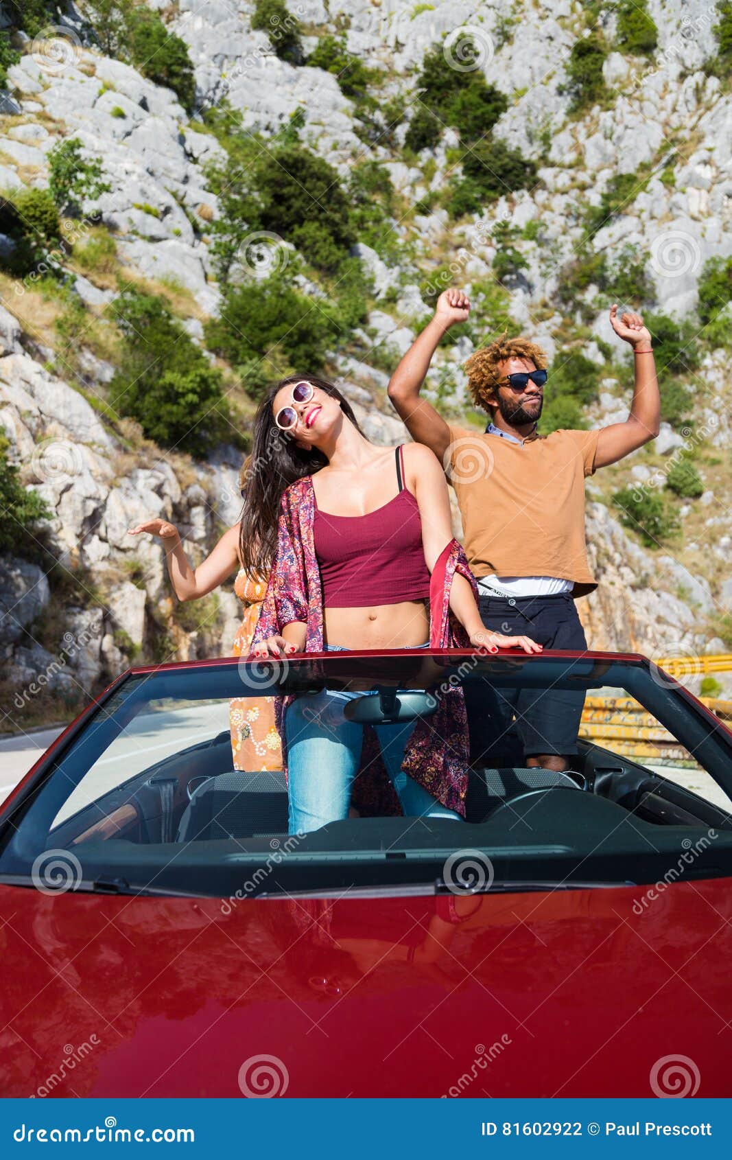 Group of Happy People in Red Convertible Car Stock Photo - Image of ...