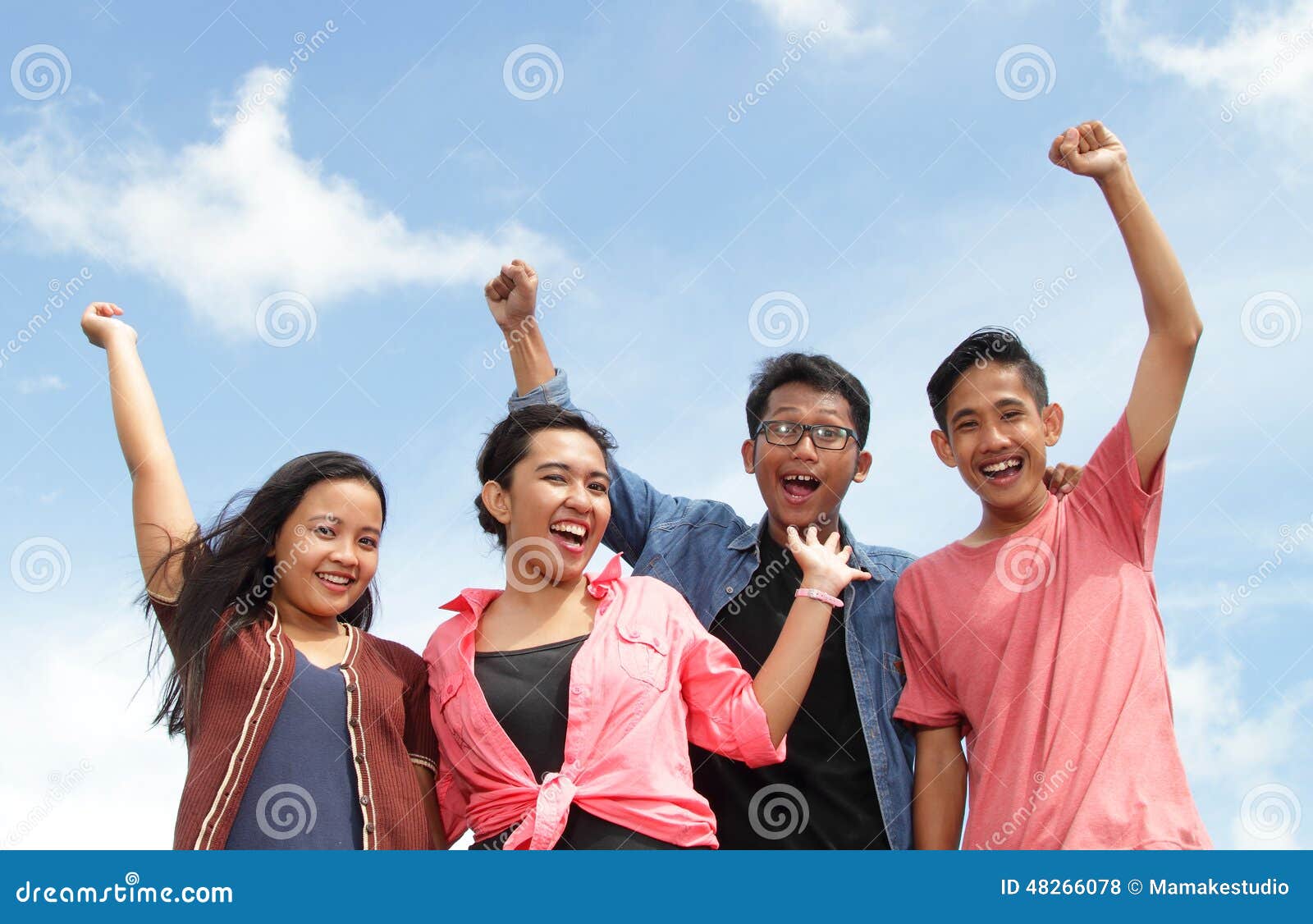 Group of Happy Young People with Hands Up Stock Photo - Image of ...