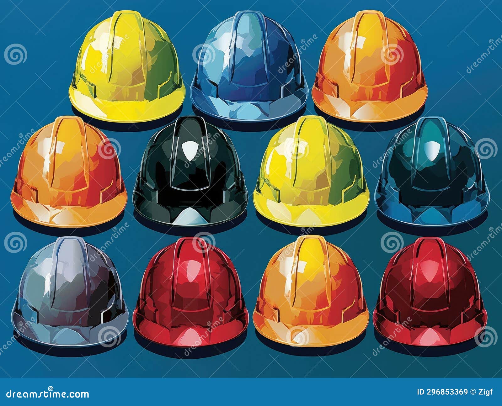 Group of Hard Hats on a Blue Background Stock Illustration ...