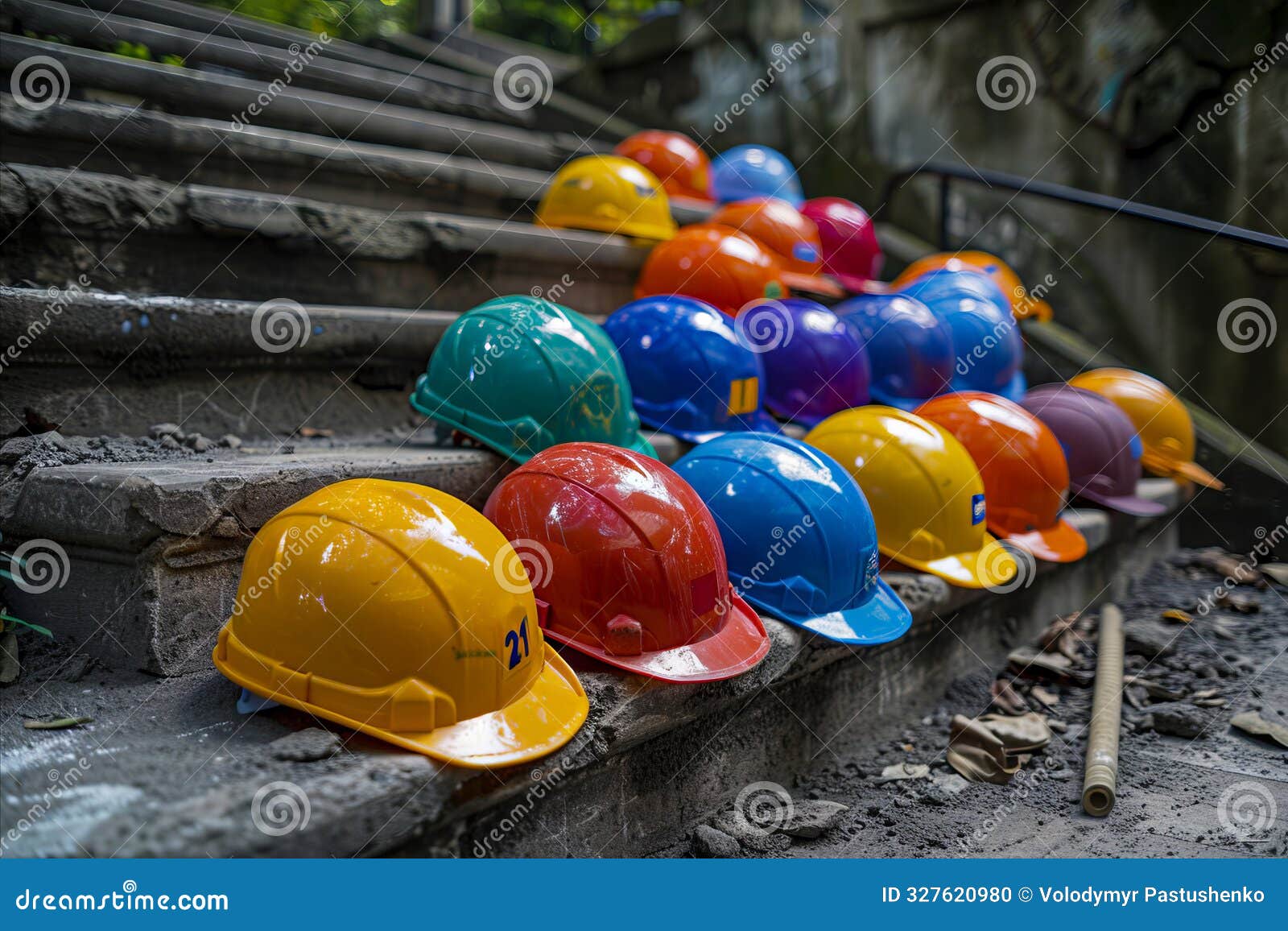 A Group of Hard Hats on the Steps Stock Photo - Image of helmet ...
