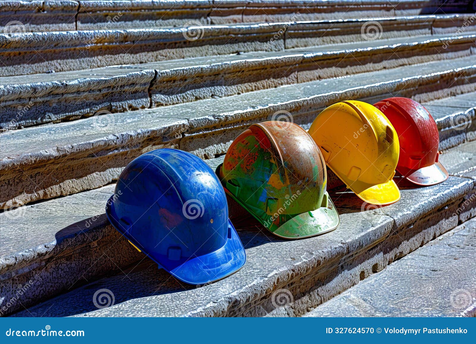 A Group of Hard Hats on a Stone Step Stock Photo - Image of stair ...
