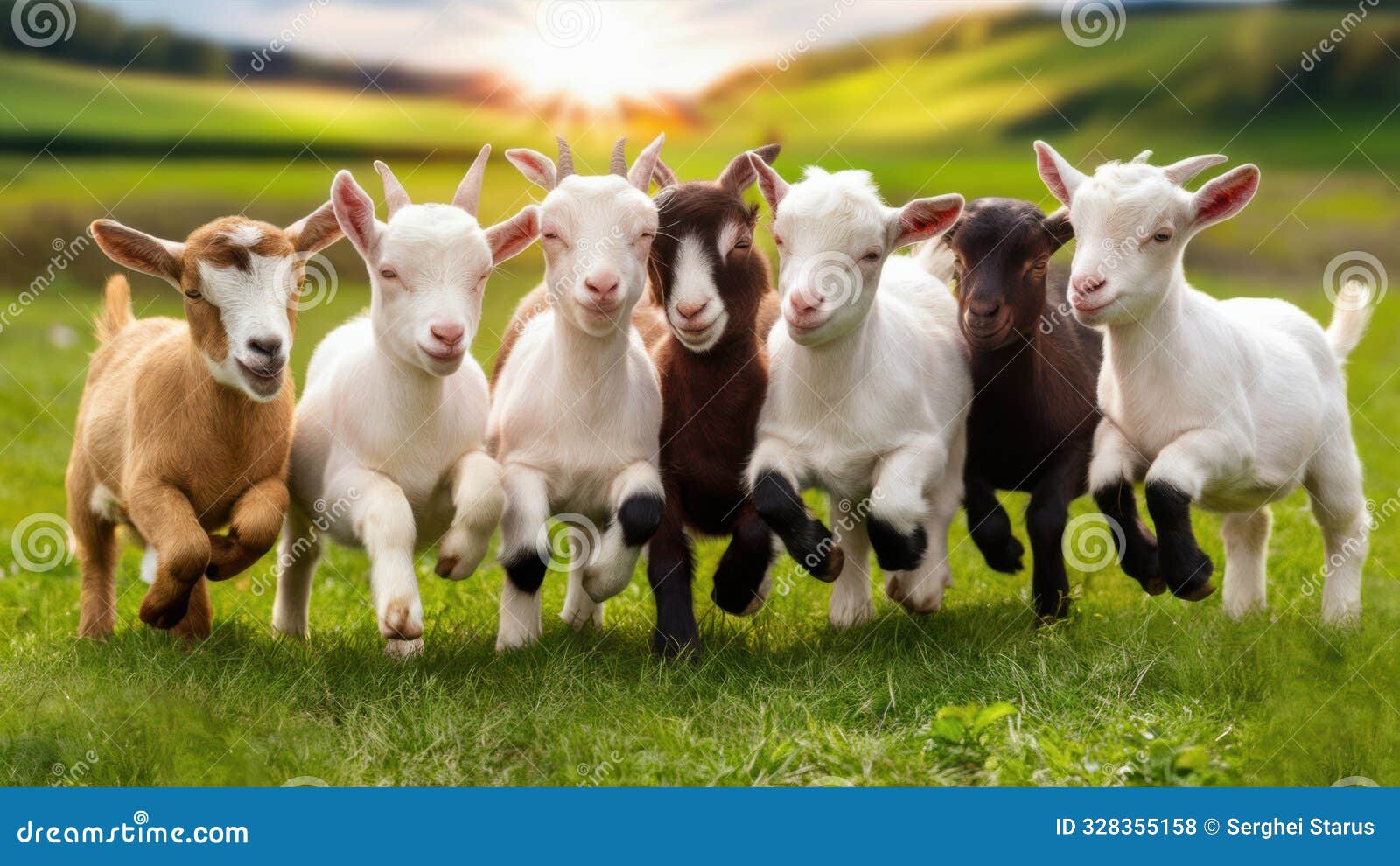 A Group of a Herd of Goats Running in the Grass, AI Stock Photo - Image ...