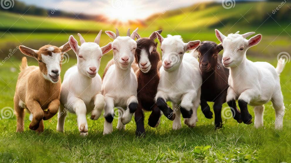 A Group of a Herd of Goats Running in the Grass, AI Stock Photo - Image ...