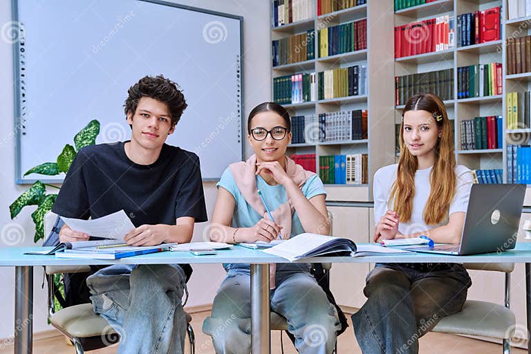Group of High School Students Studying in Library Classroom Stock Photo ...