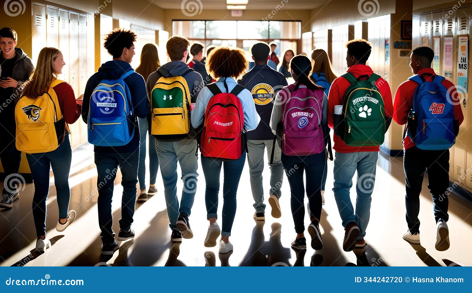 A Group of High School Students Walking To Class with Backpacks, the ...