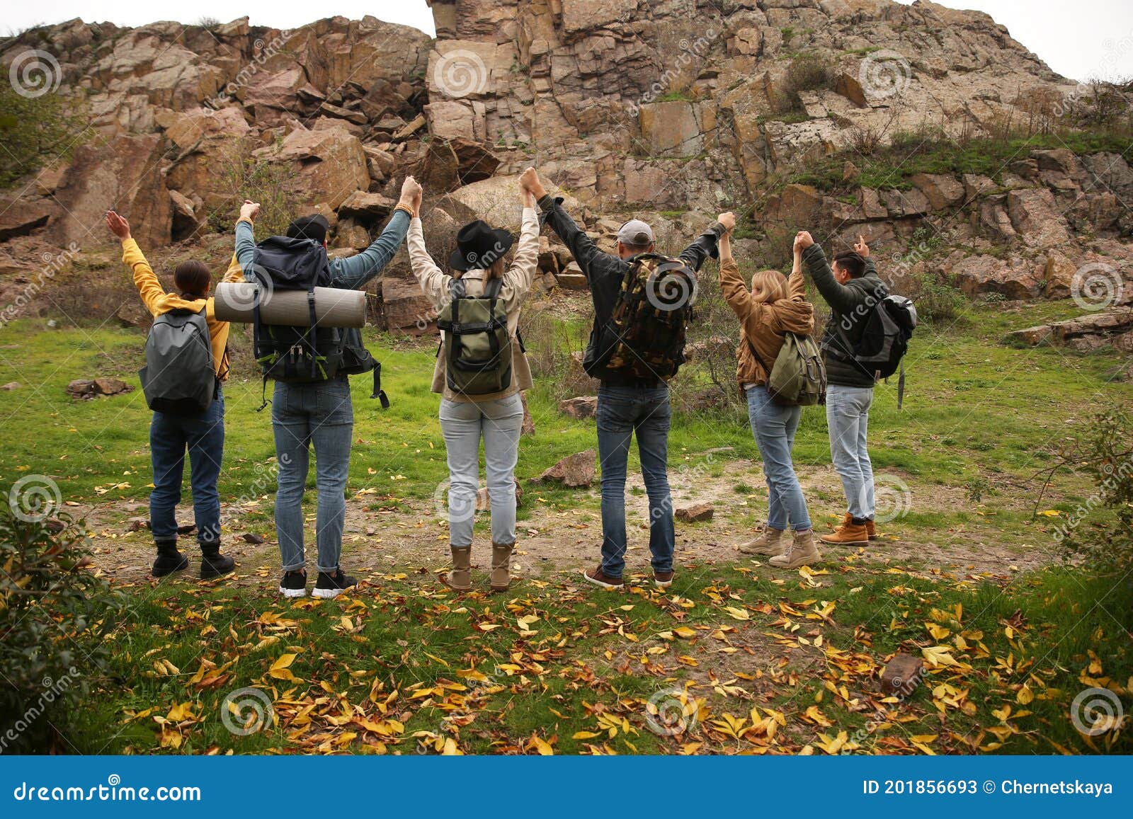 Group of Hikers with Backpacks in Mountains, Back View Stock Image ...
