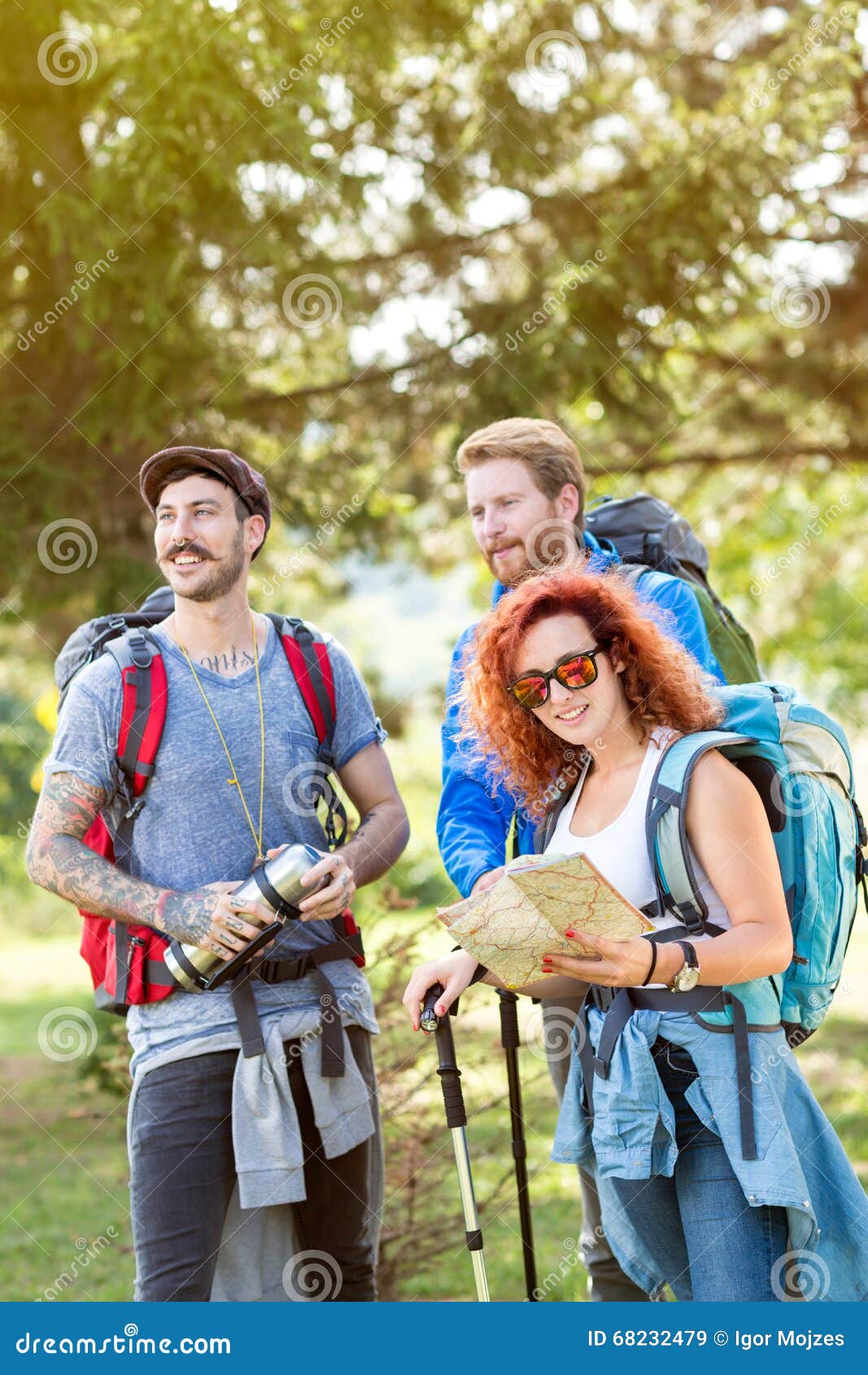 Group of hikers in forest stock image. Image of group - 68232479