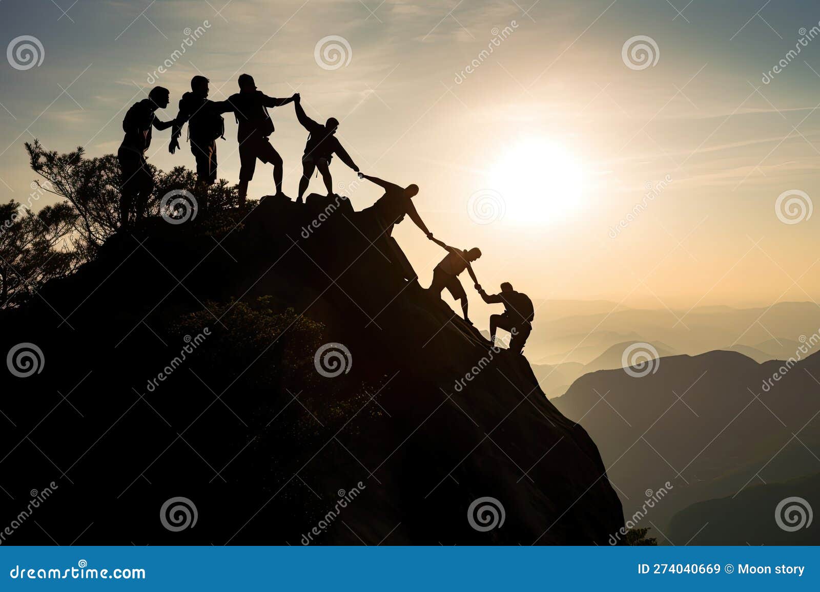 Group of Hikers Helping Each Other Climb Up the Mountain Generative Ai ...