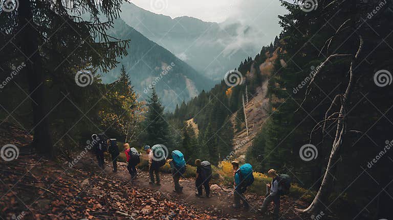 A Group of Hikers Navigating a Scenic Trail through Majestic Mountains ...