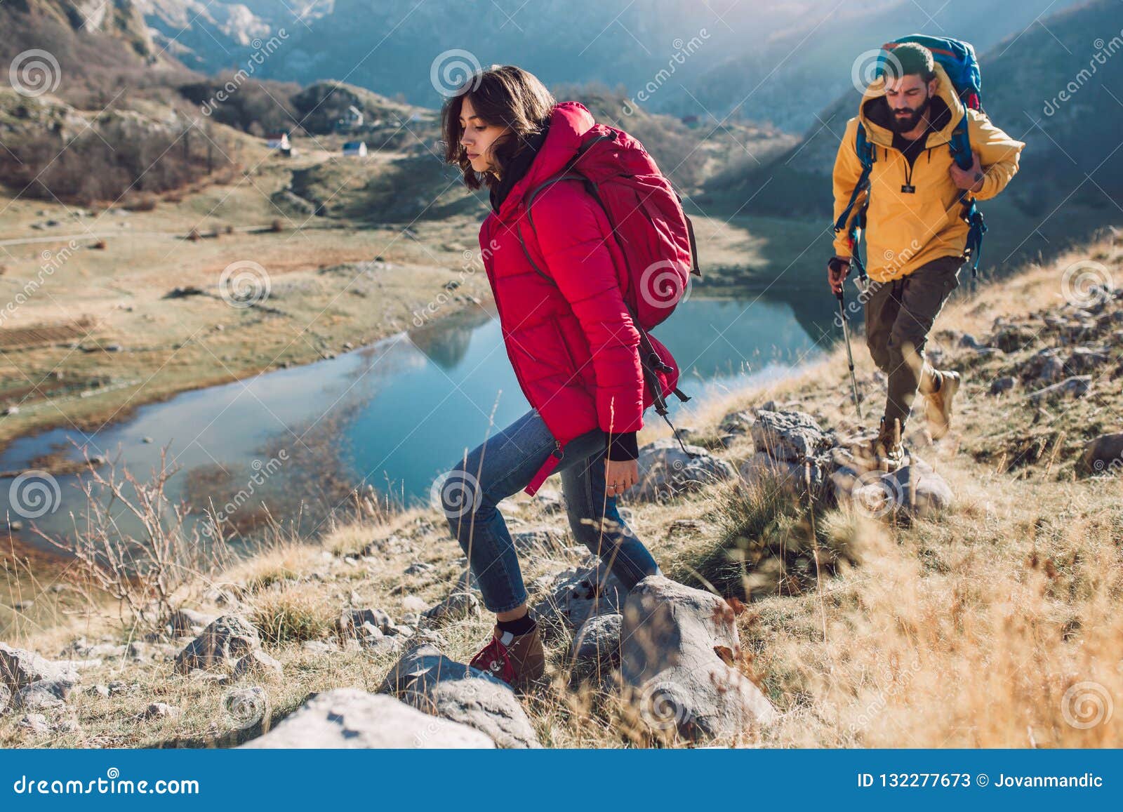 Group of Hikers Walking on a Mountain Stock Image - Image of fall ...