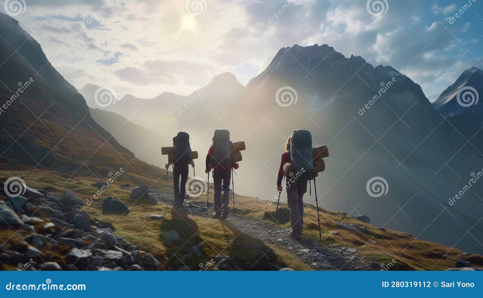 Group of Hikers Walks in Mountains at Early Morning. Generative Ai ...