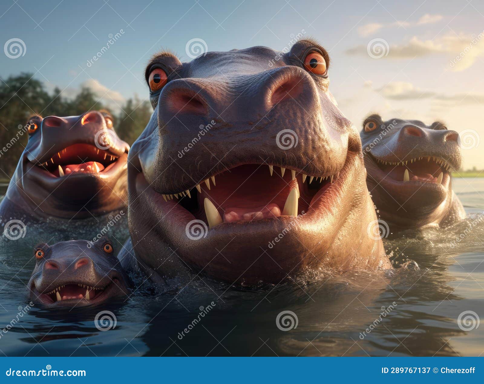A group of hippos stock illustration. Illustration of grass - 289767137