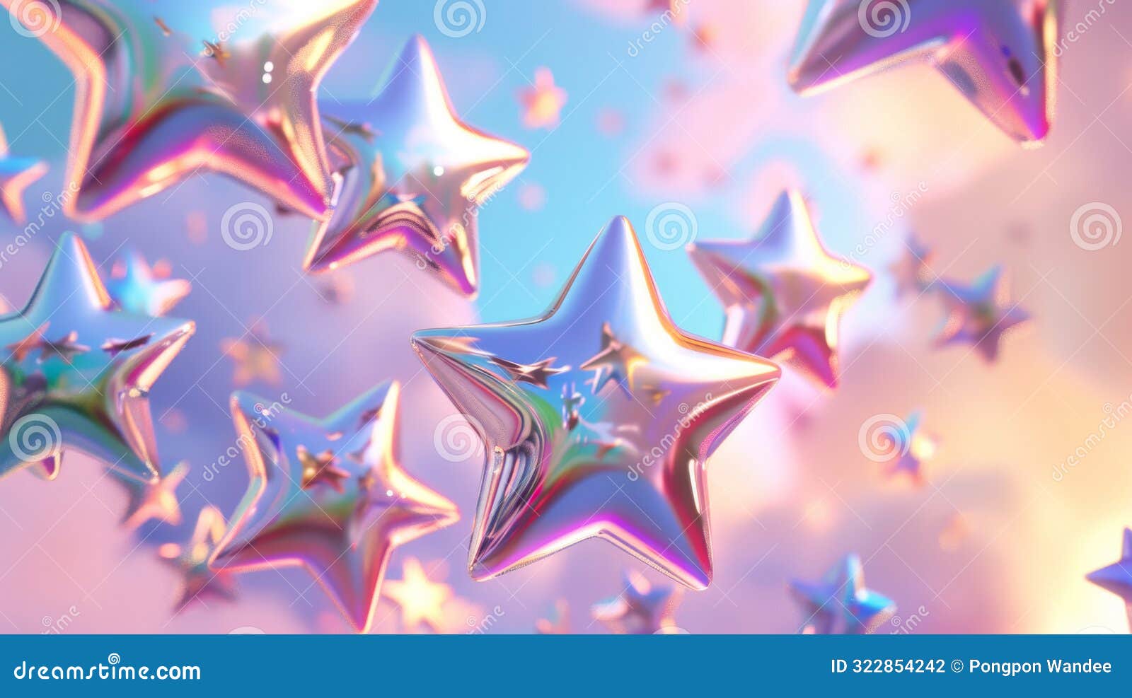 A Group of Holographic 3D Chrome Stars Floating in a Blue Sky with ...