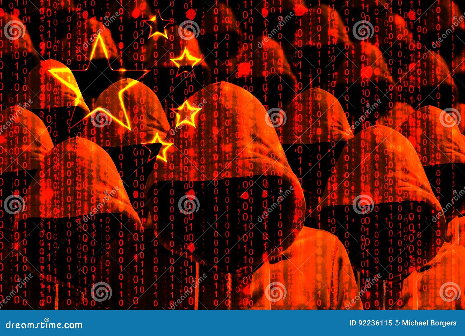Group of Hooded Hackers Shining through a Digital Chinese Flag Stock ...