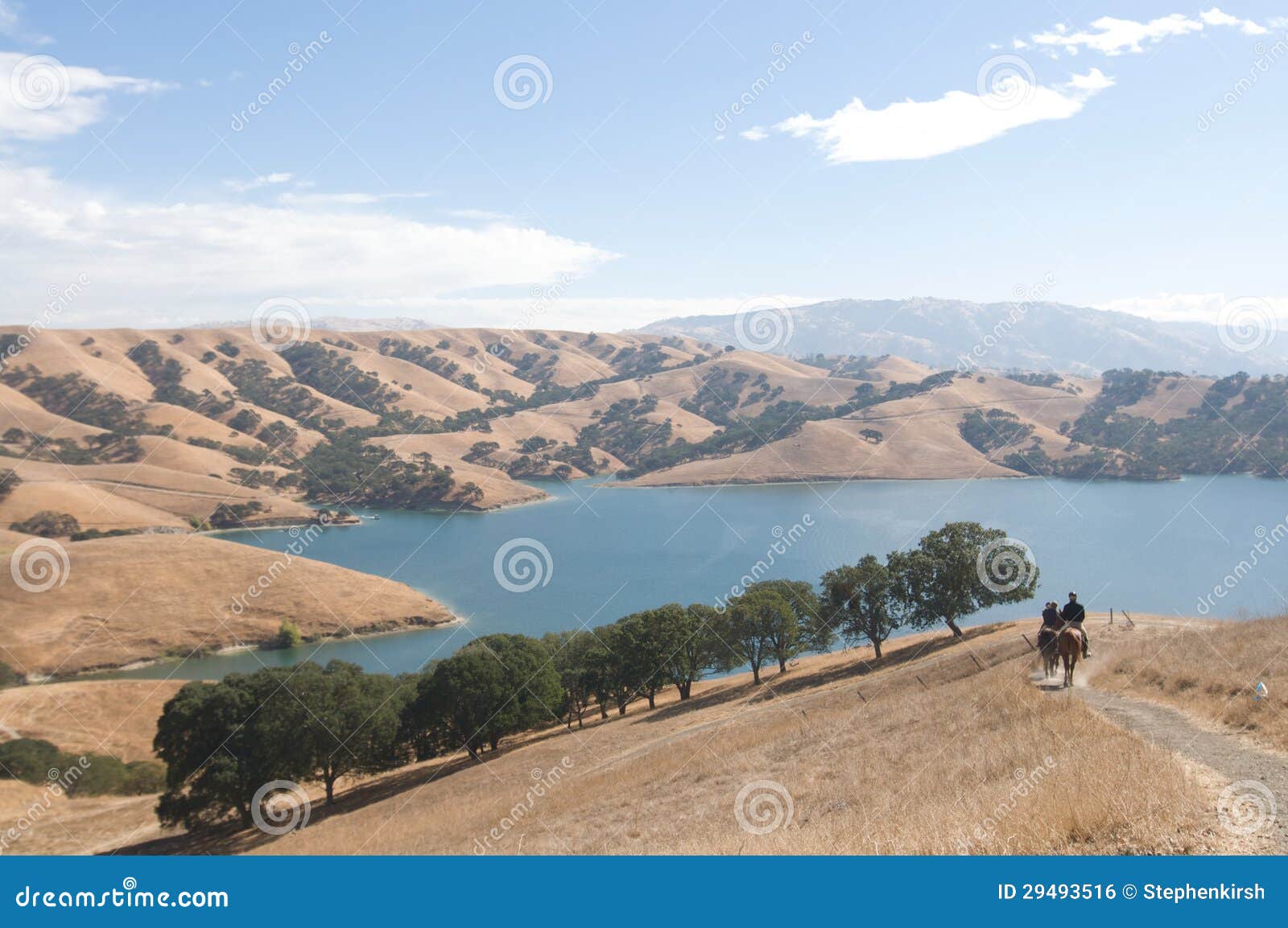 Group of Horseback Riders Ride Down Trail at Lake Stock Photo - Image ...