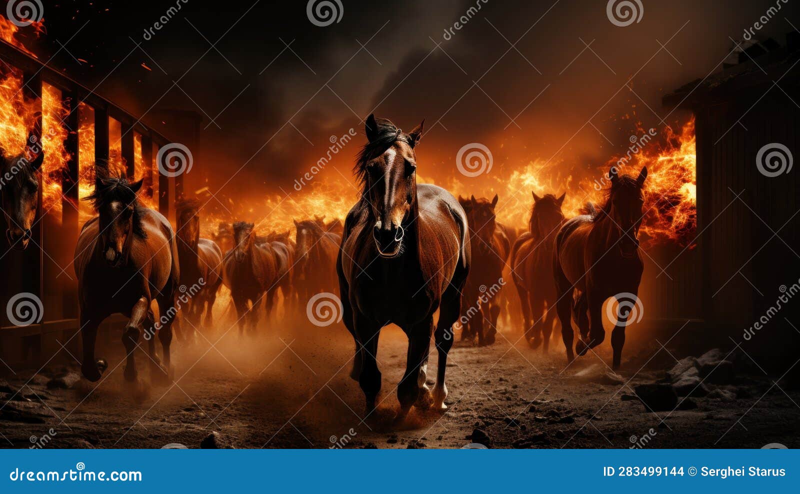 A Group of Horses Running through a Barn on Fire. Generative AI Image ...