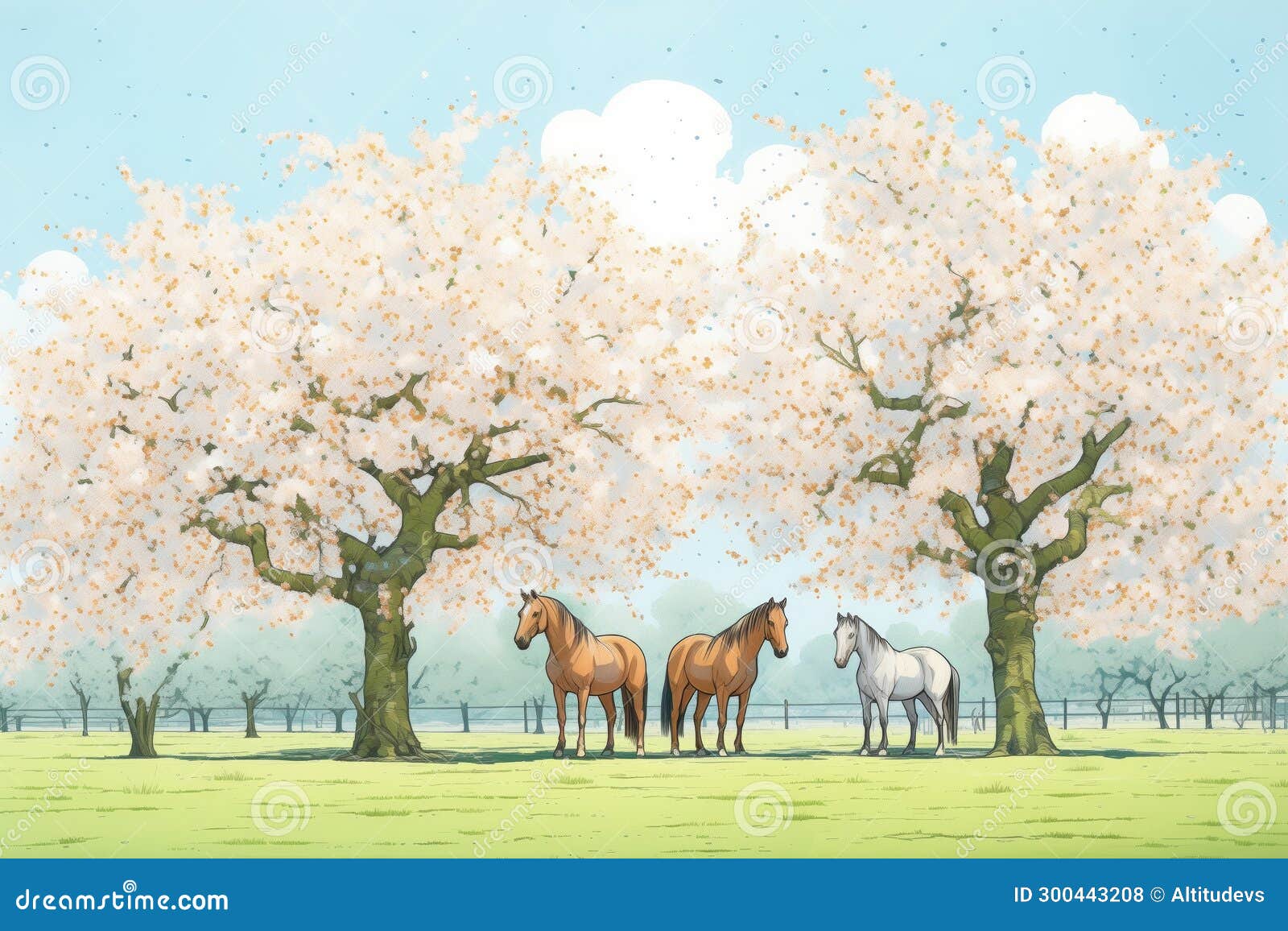 Group of Horses Under a Tree in a Blossoming Orchard Stock Photo ...