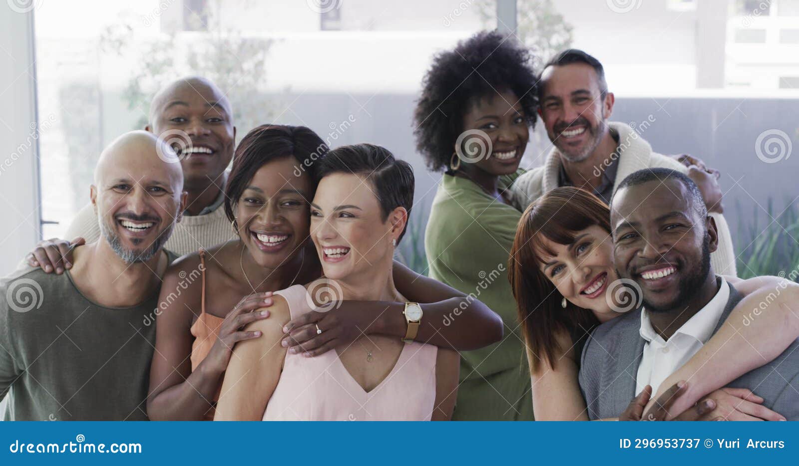 Group, Hug and Office Employees Smile in the Workplace or in Support of ...