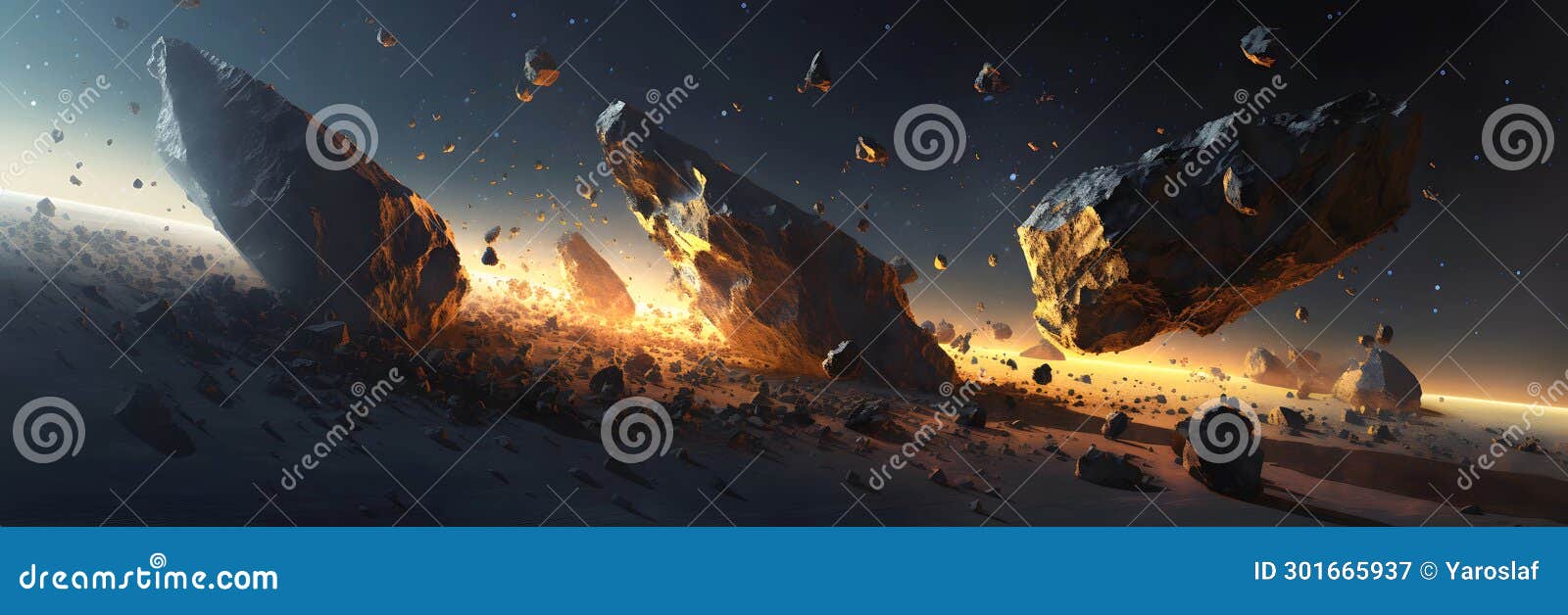 Group of Huge Asteroids Falling To Ground of Planet, Panoramic View ...