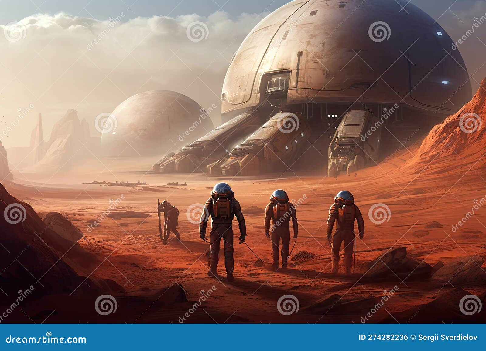 A Group of Human Colonizers is Shown Disembarking from a Spacecraft and ...