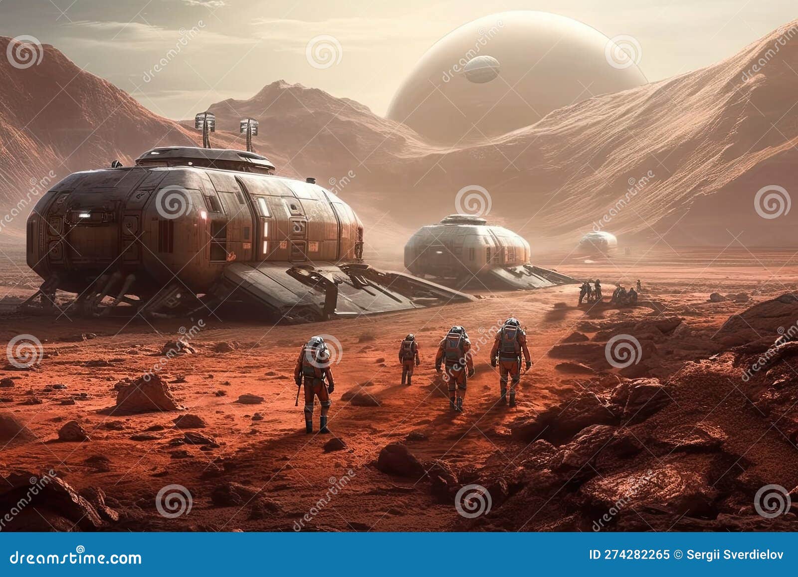 A Group Of Human Colonizers Is Shown Disembarking From A Spacecraft And ...
