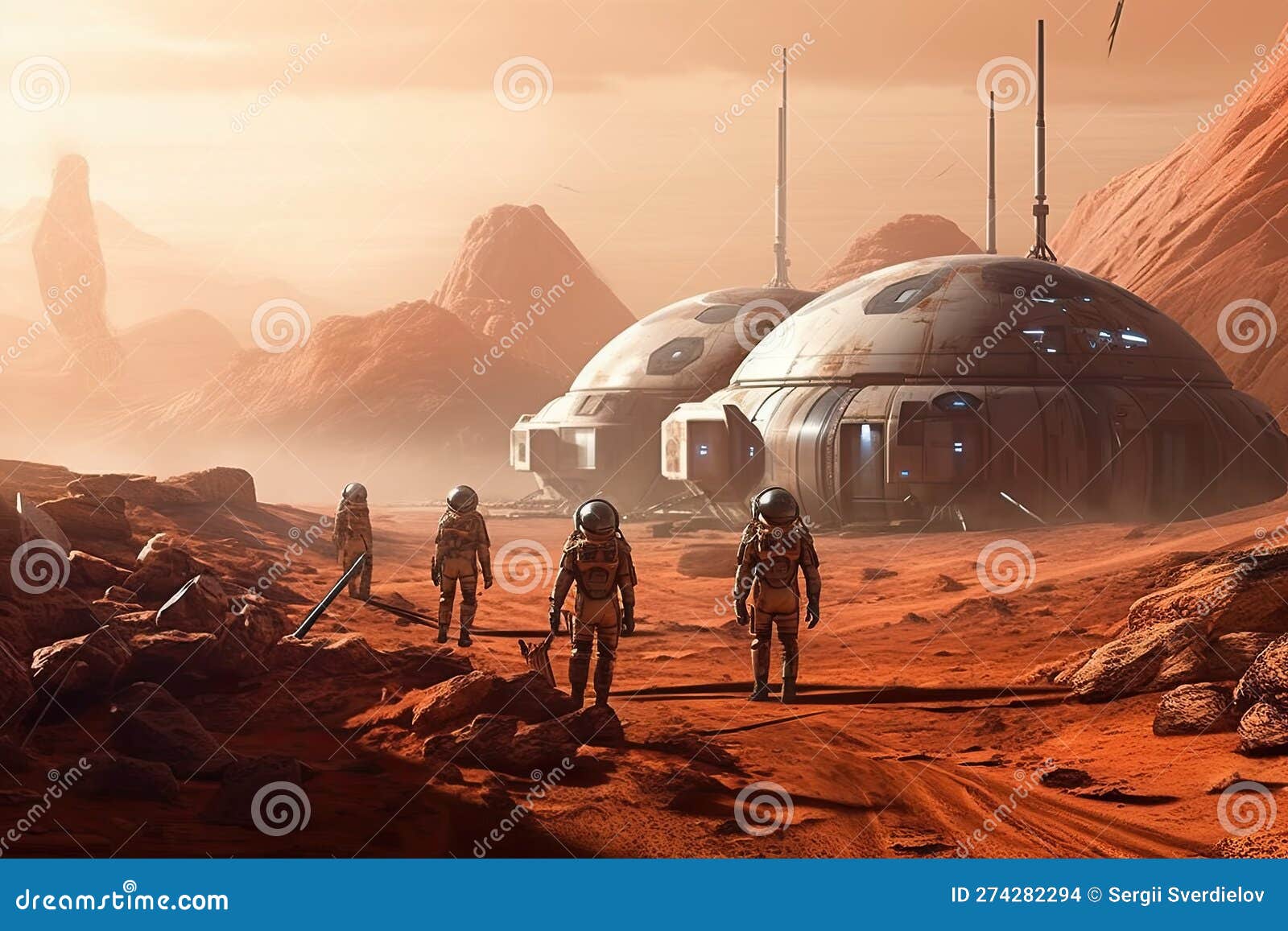 A Group of Human Colonizers is Shown Disembarking from a Spacecraft and ...