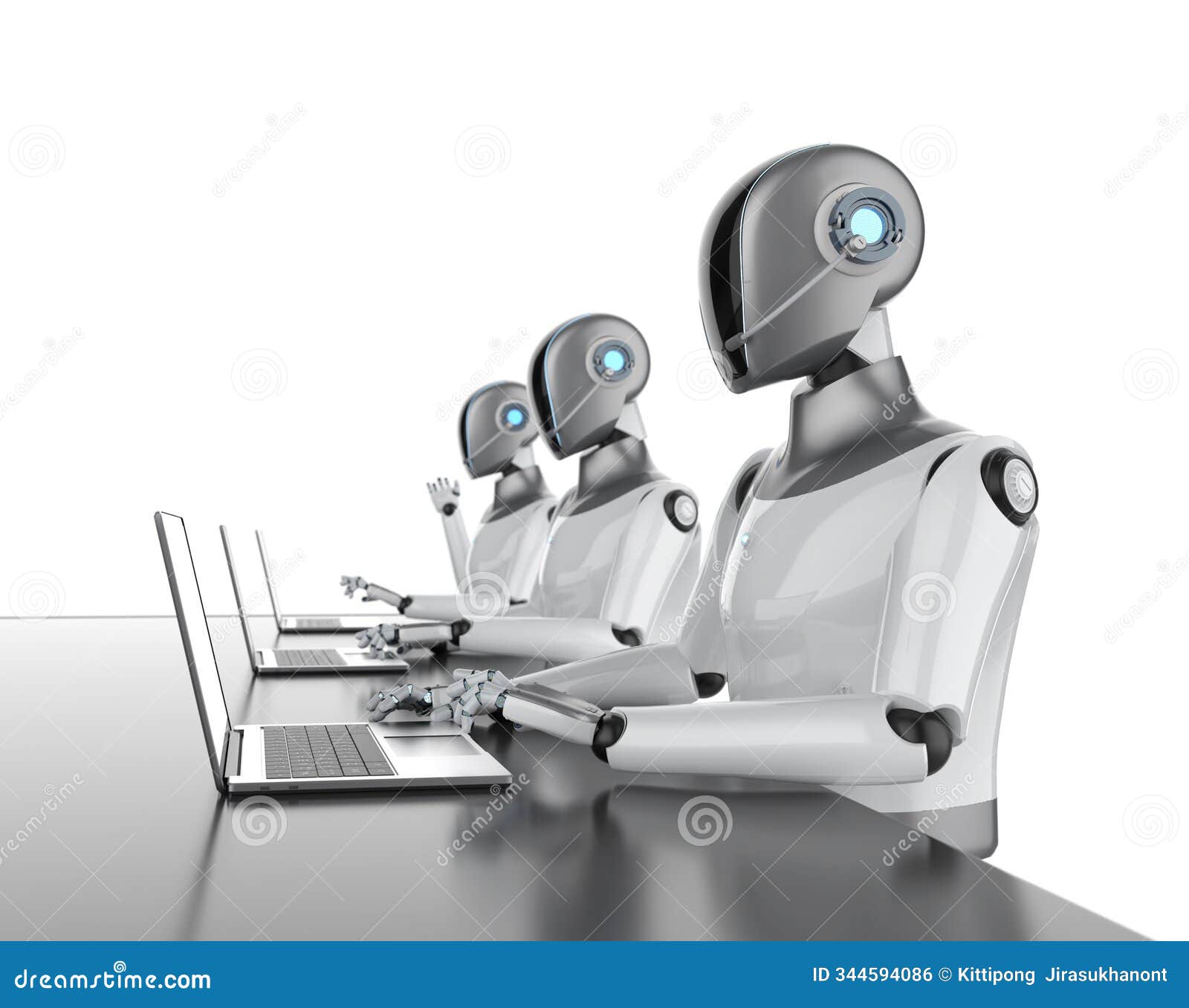 Group of Humanoid Robots with Laptop Computers Isolated on White Stock ...