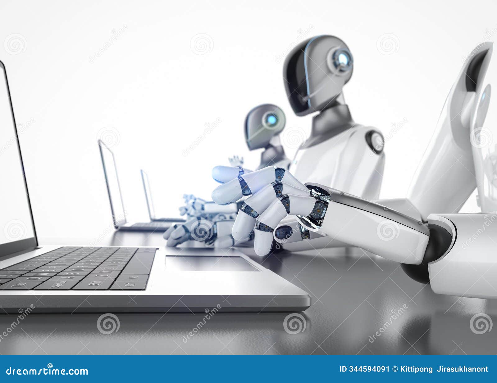 Group of Humanoid Robots with Laptop Computers Isolated on White Stock ...