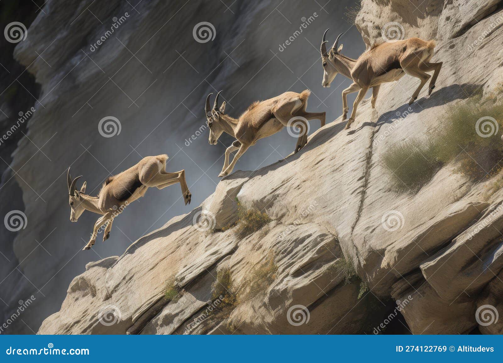 Group of Ibex Leaping from Cliffside into the Abyss Below Stock ...