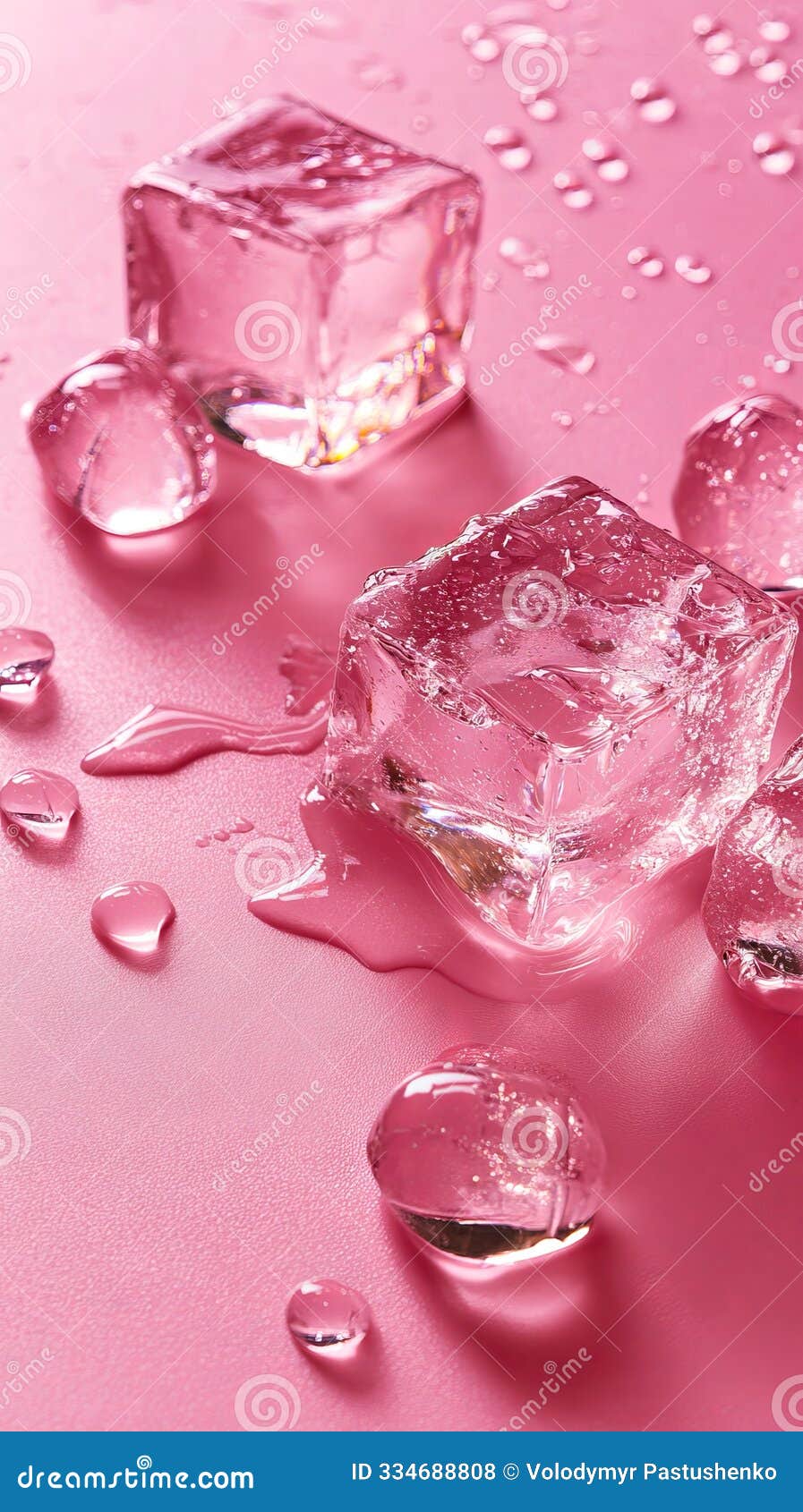 A Group of Ice Cubes with Water Droplets on a Pink Surface Stock Photo ...
