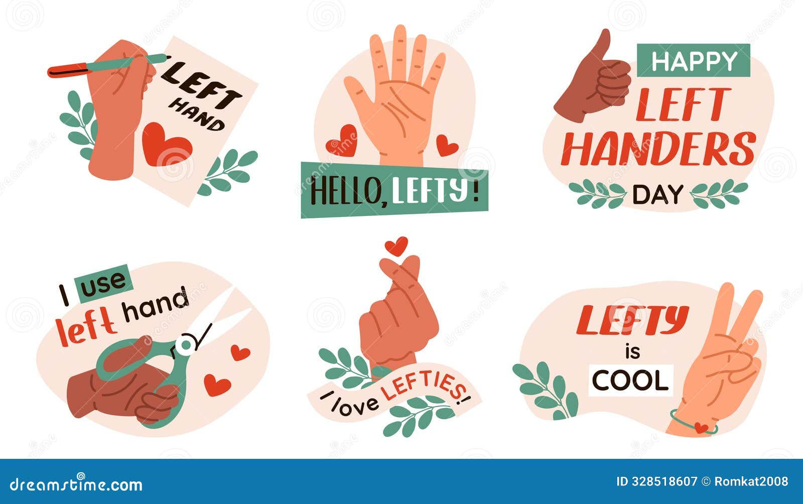 Group Of Illustration Of Left Hand. Lefthanders Day Stickers. Concept ...