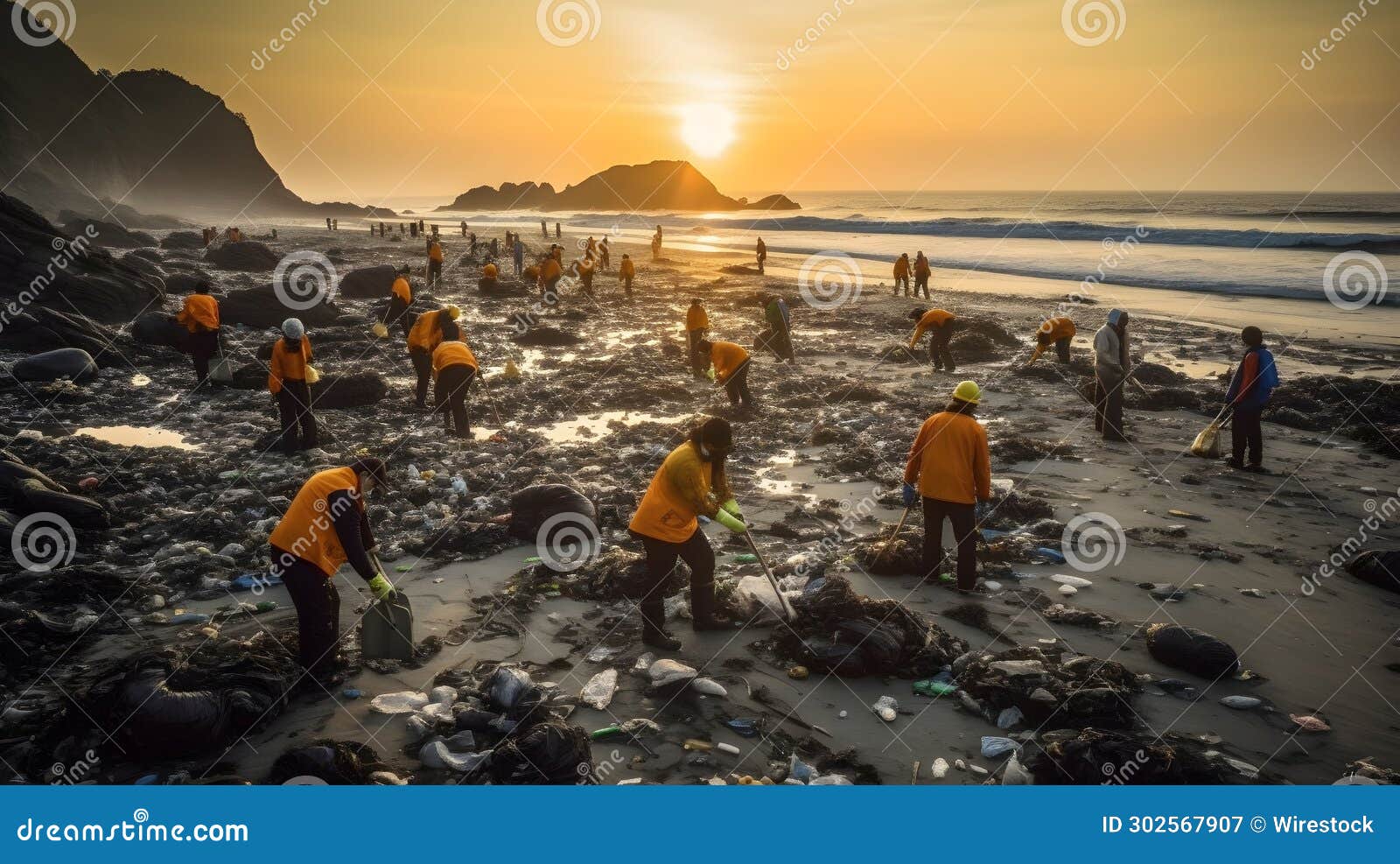 Group of Individuals Participating in a Beach Cleanup Effort at Sunset ...