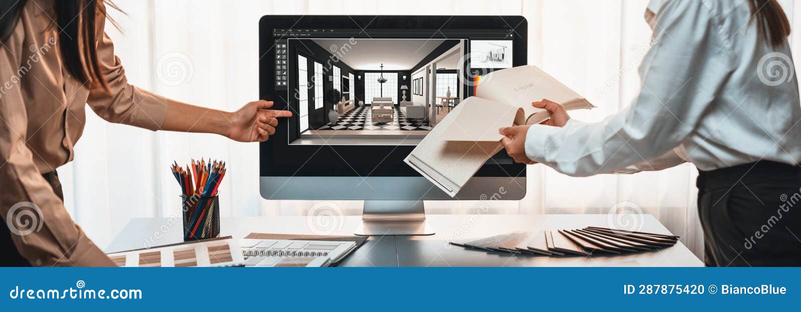 Group of Interior Architect Designer Discussing Together with Software ...