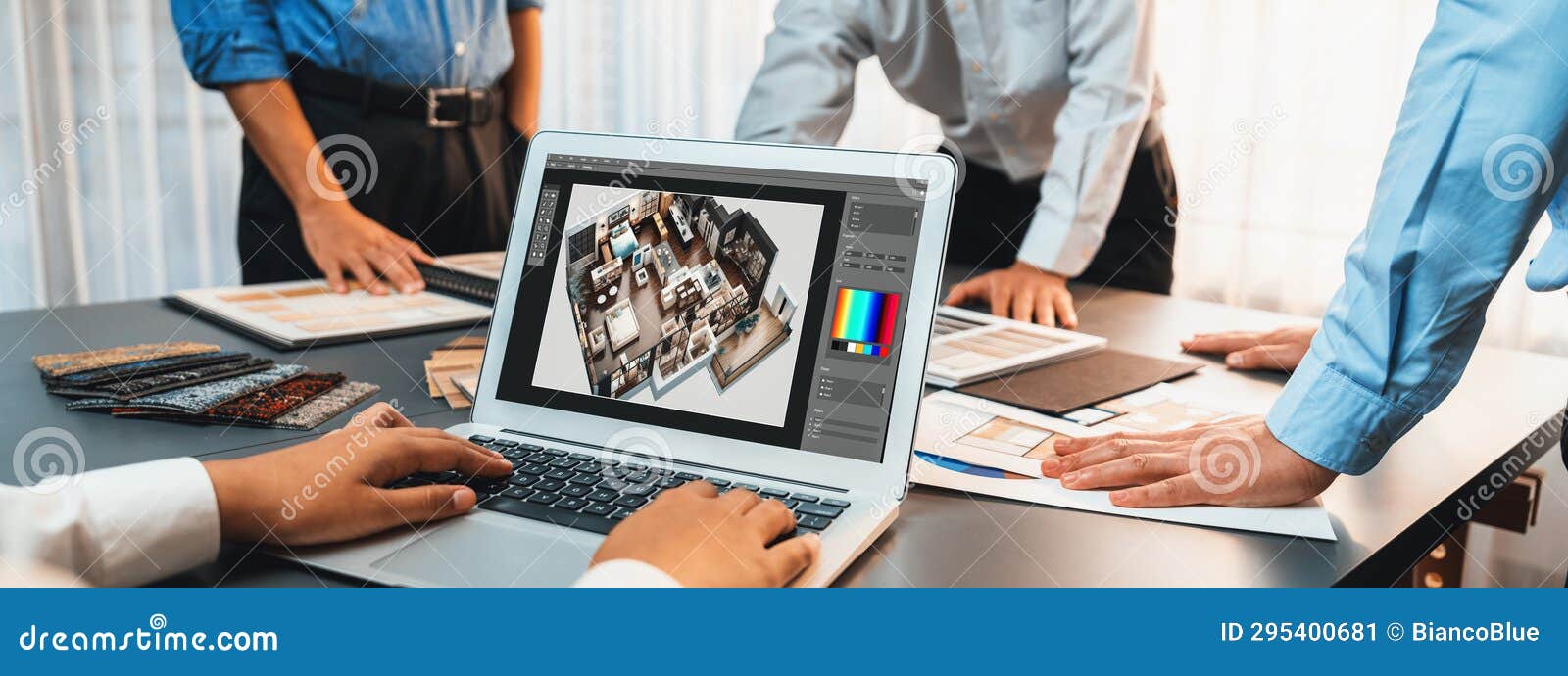 Group of Interior Architect at Table Choosing Material Selection ...