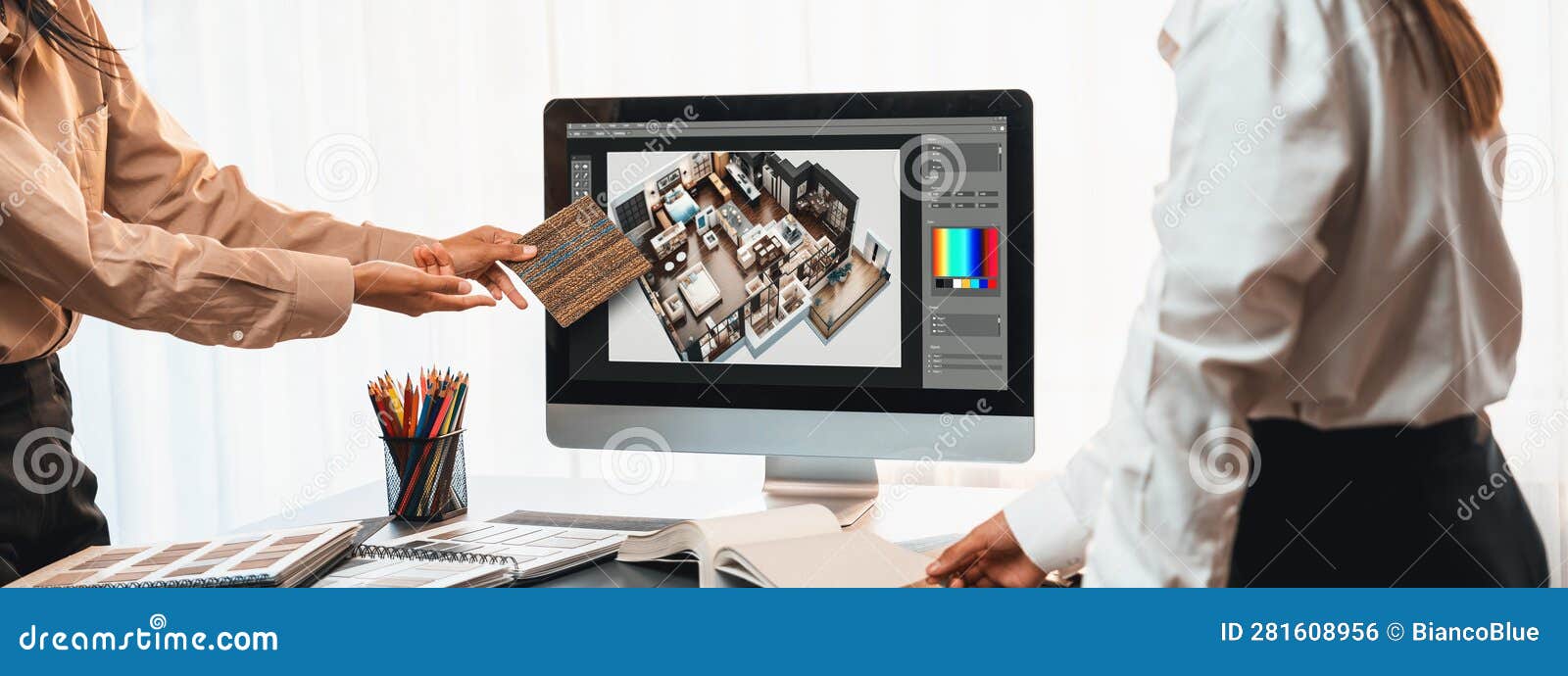 Group of Interior Architect at Table Choosing Material Selection ...