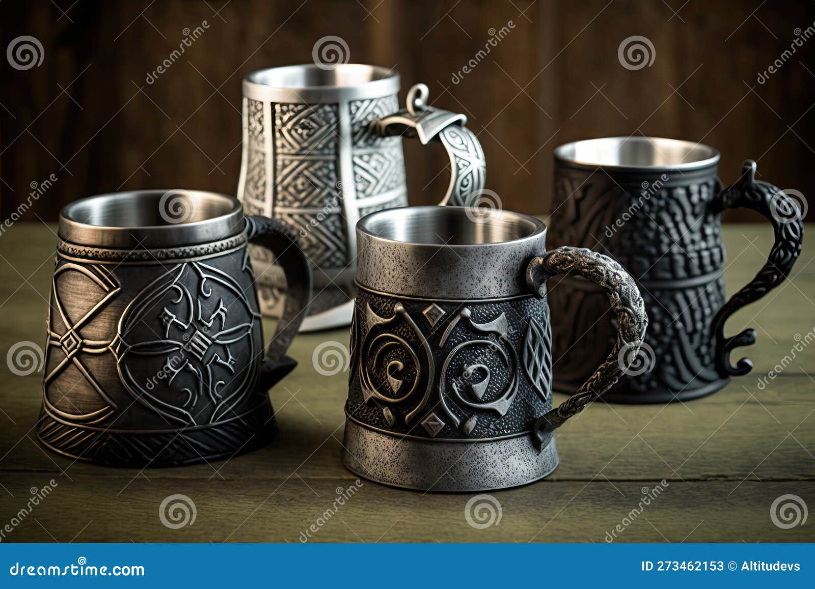 Group of Iron Mugs, Each with a Different Design or Pattern Stock ...