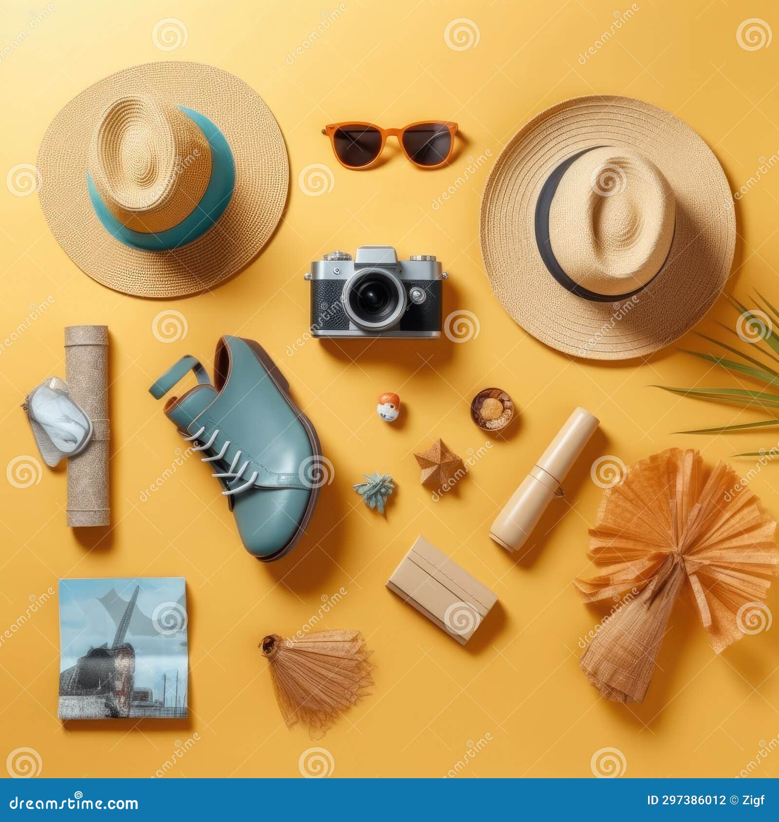 Group of Items Including a Hat, Sunglasses and Camera on a Yellow ...