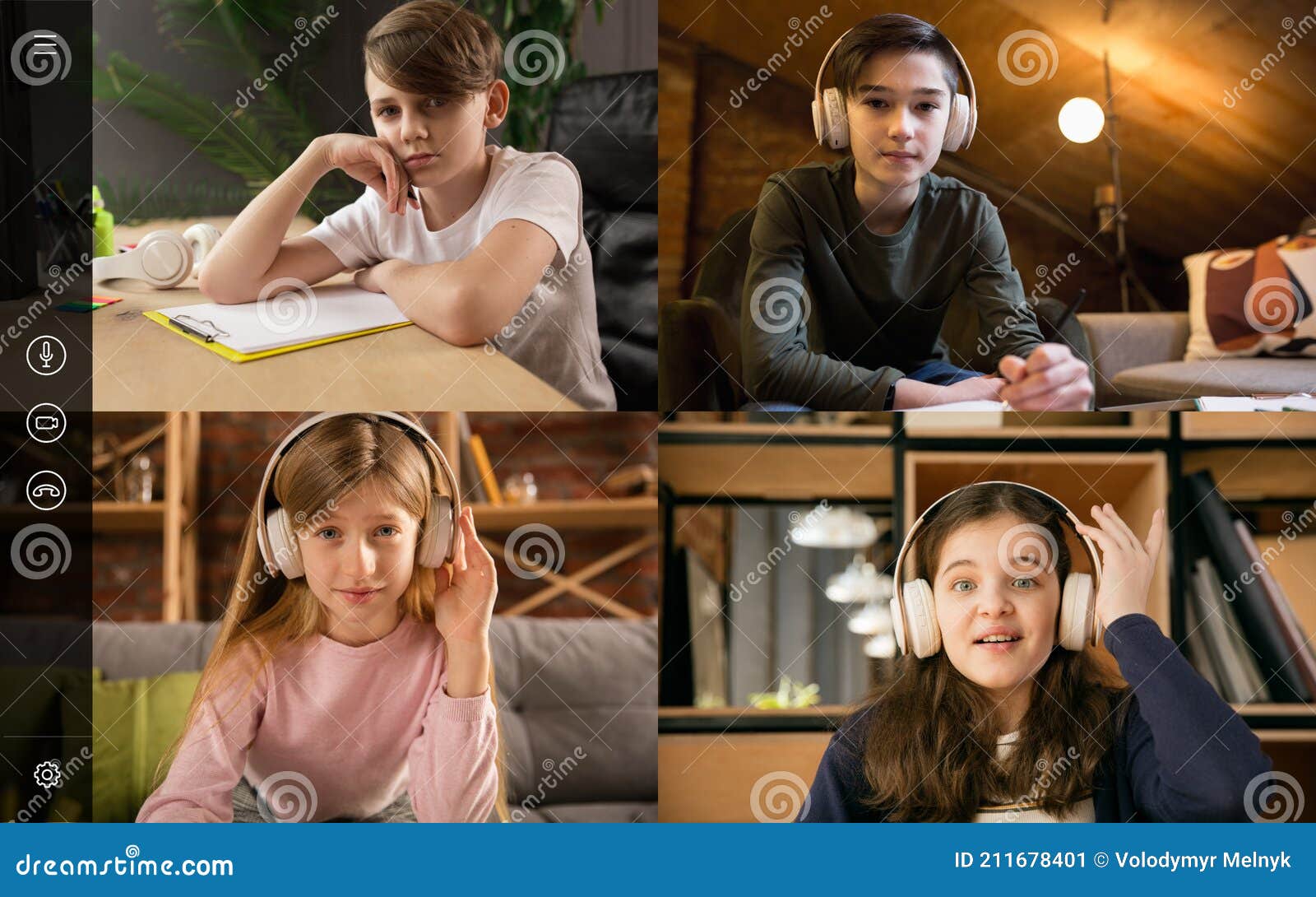 Group of Kids, Class Studying by Group Video Call, Use Video Conference ...