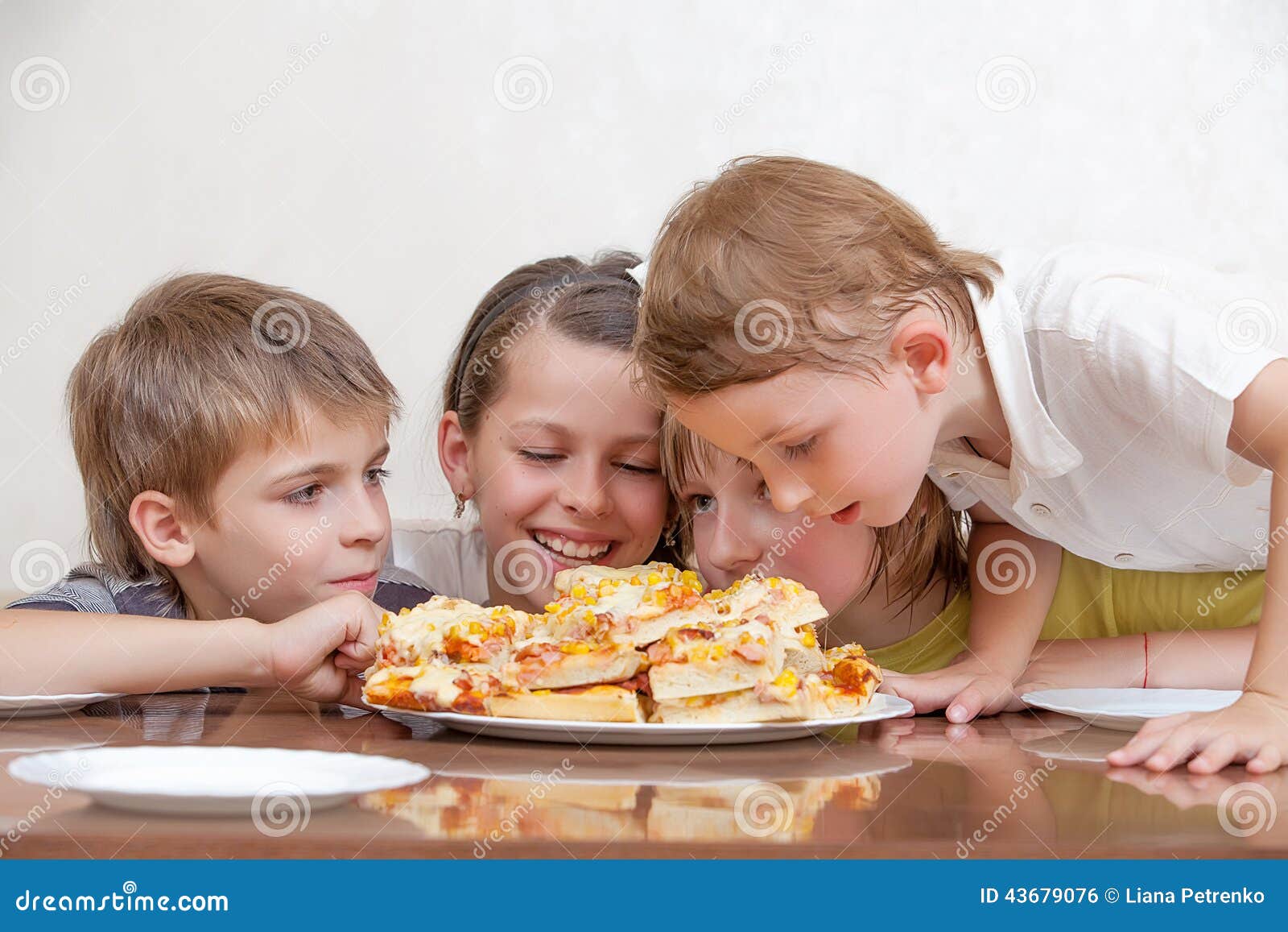 Group of Kids Eating Pizza and Smiling Stock Photo - Image of happy ...