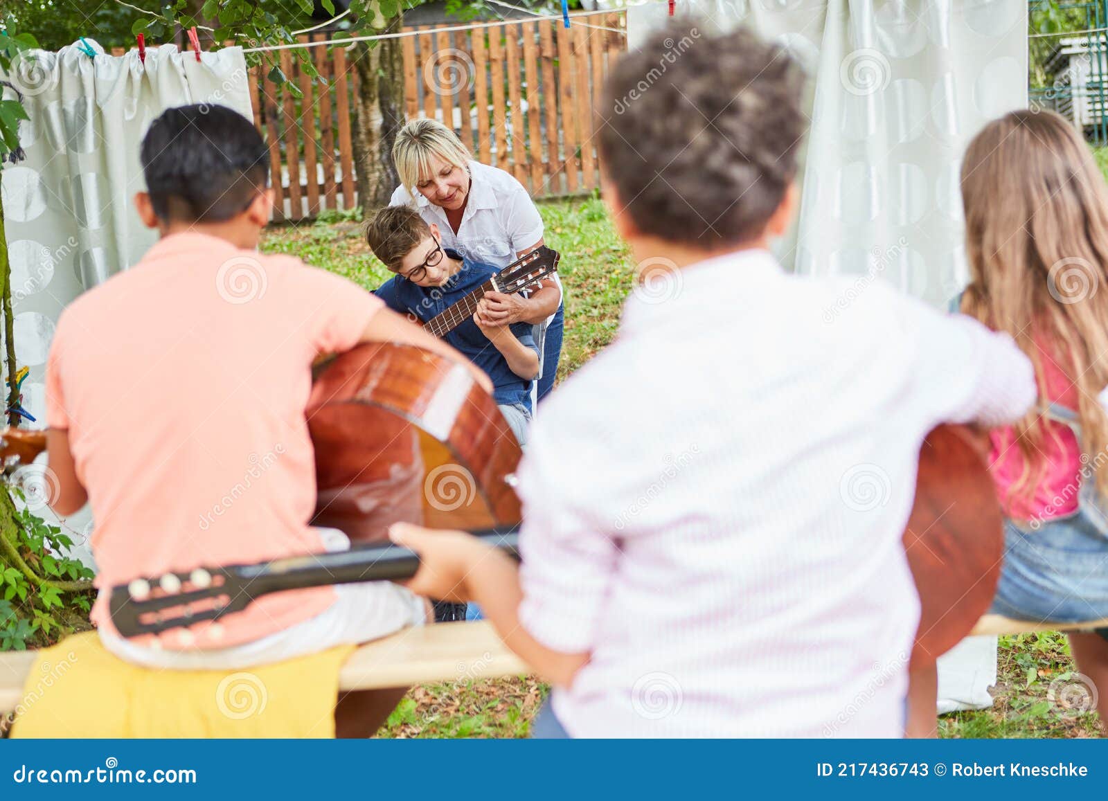 Group of Kids in Guitar Class at Summer Camp Stock Image - Image of ...
