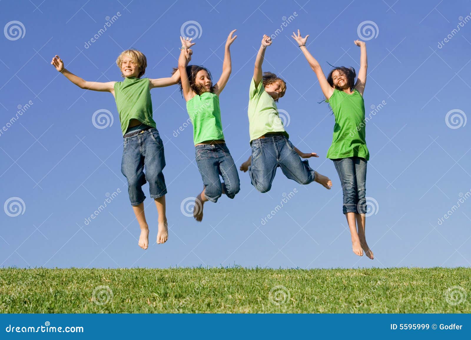 Group of Kids Jumping at Summer Camp Stock Image - Image of girls ...