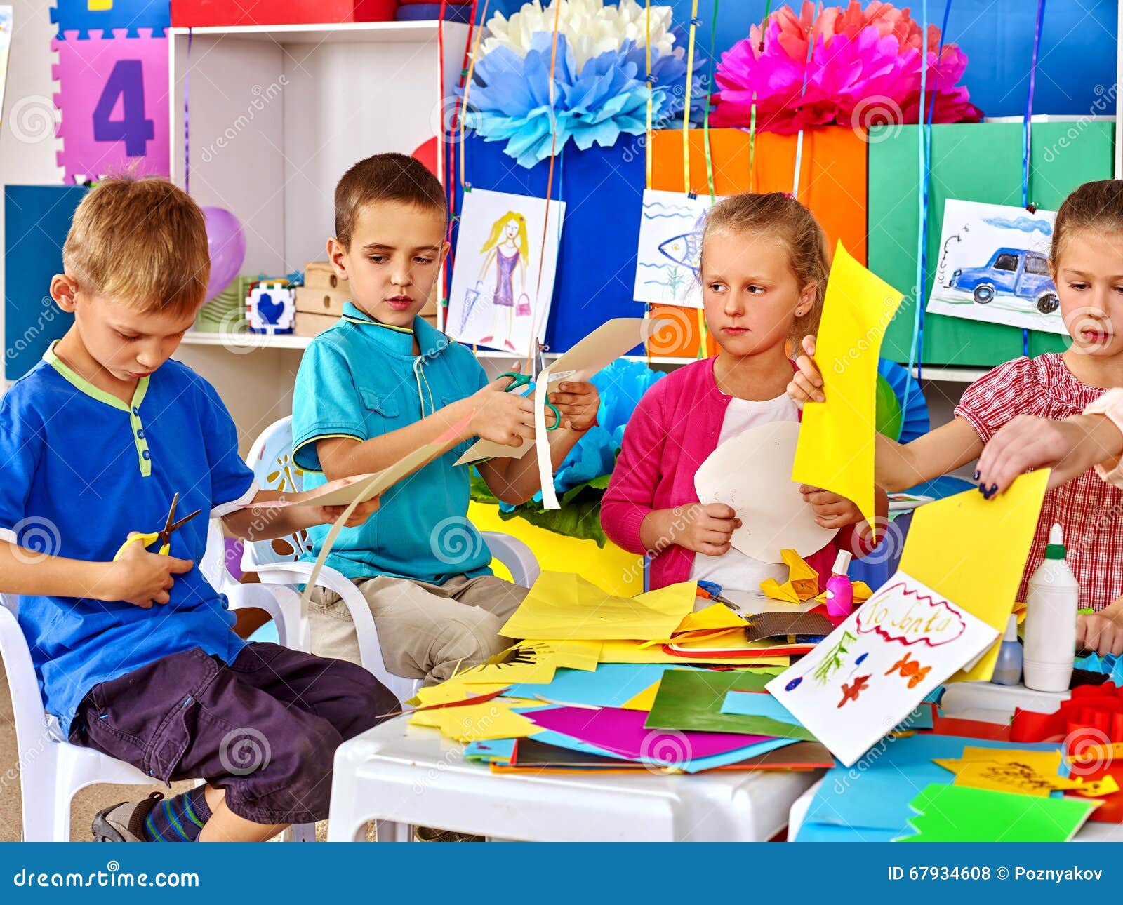 Group Kids Make Applique of Colored Paper in Kindergarten . Stock Photo ...