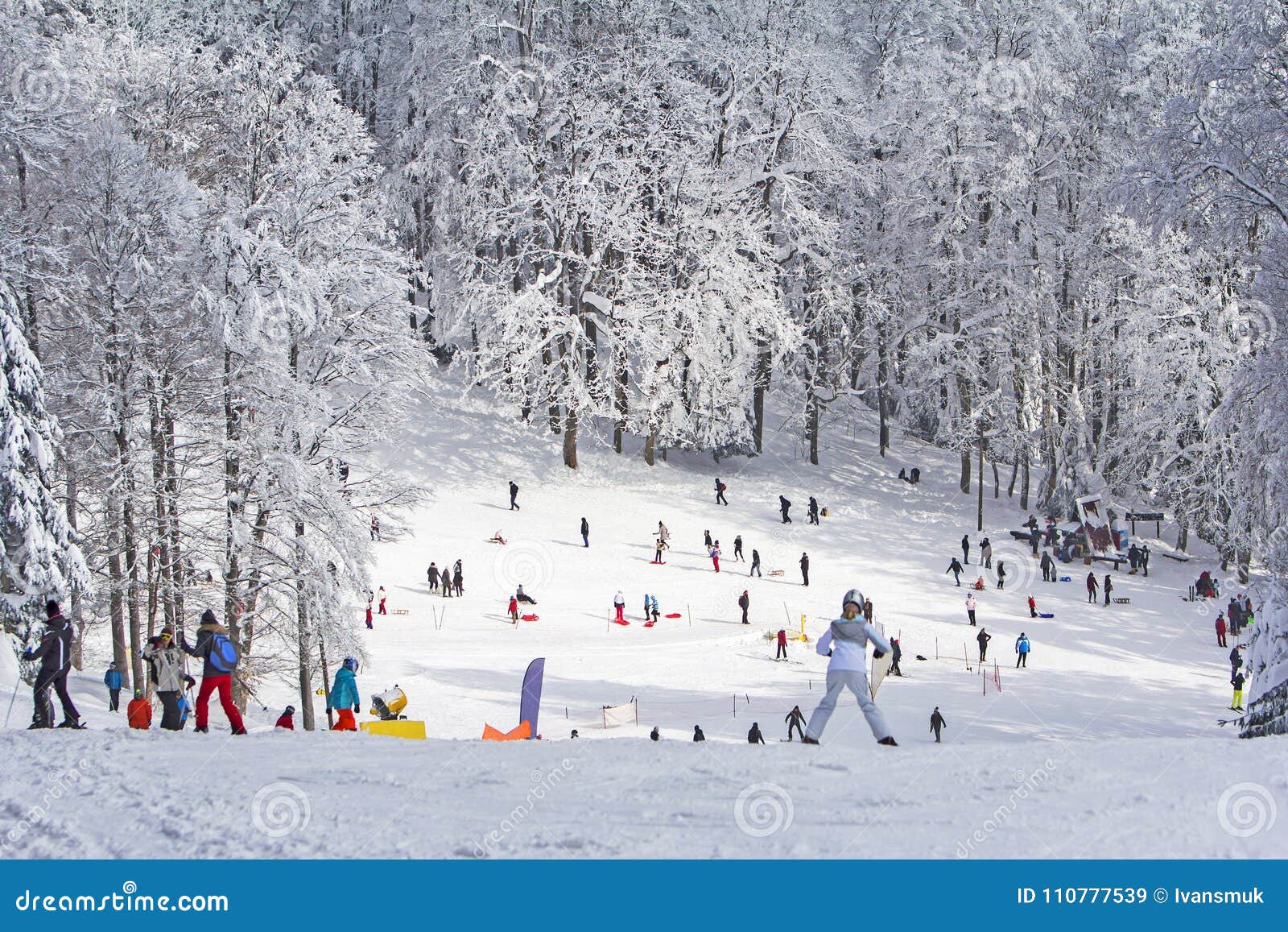 Group Kids and People Sledding and Skiing in the Snow Stock Image ...