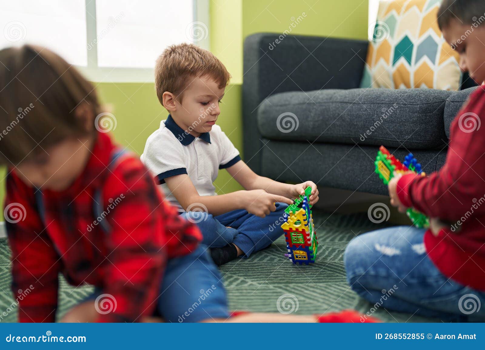 Group of Kids Playing with Toys Sitting on Floor at Home Stock Image ...