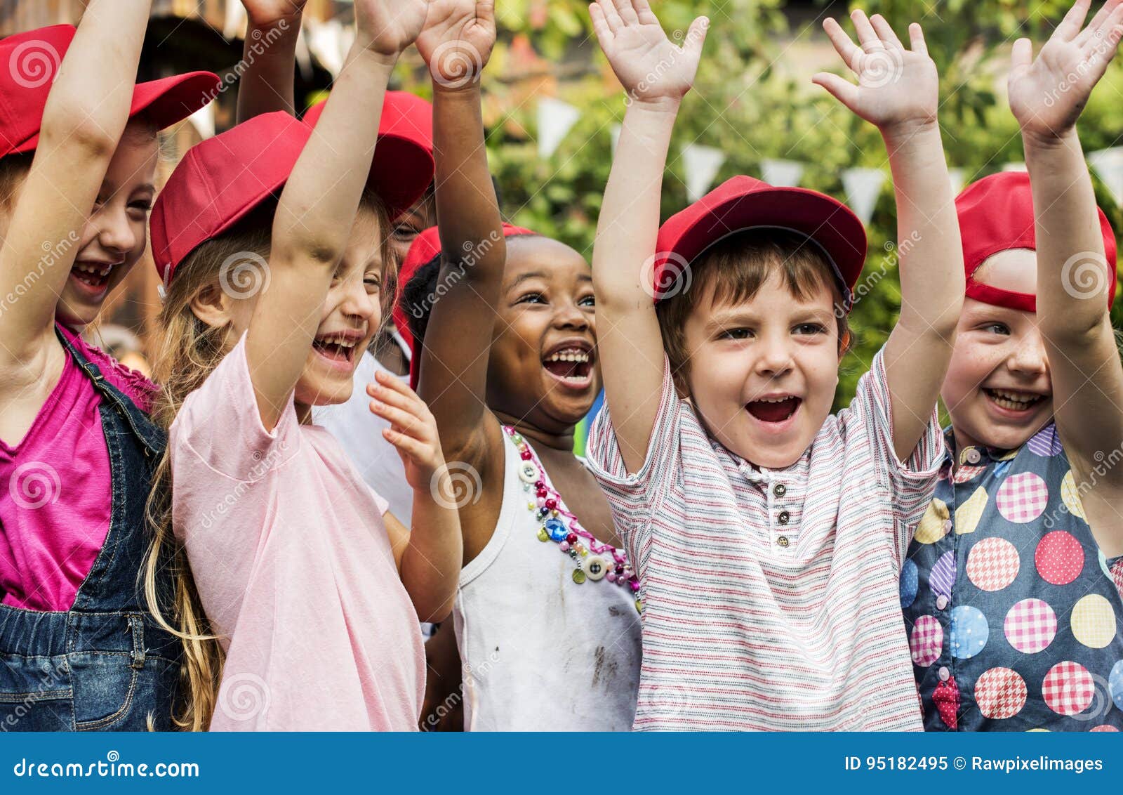 Group of Kids School Friends Hand Raised Happiness Smiling Learn Stock ...