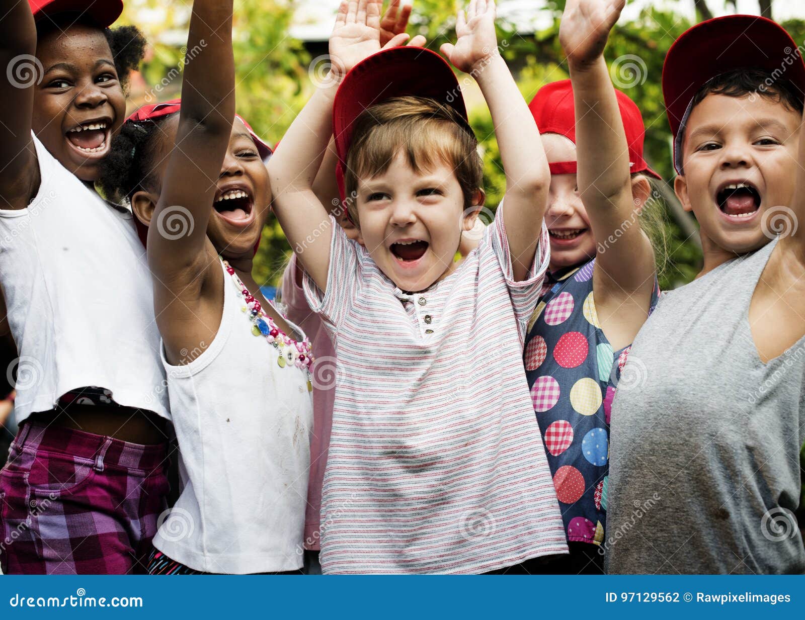 Group of Kids School Friends Hand Raised Happiness Smiling Learn Stock ...