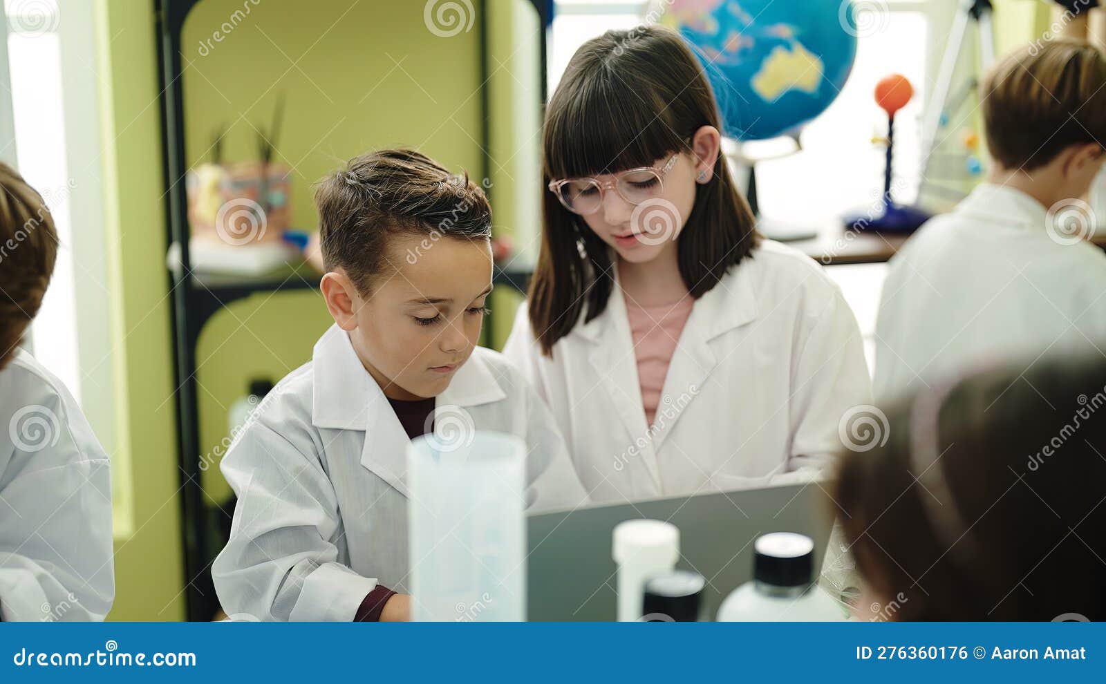 Group of Kids Scientists Students Using Laptop at Laboratory Classroom ...
